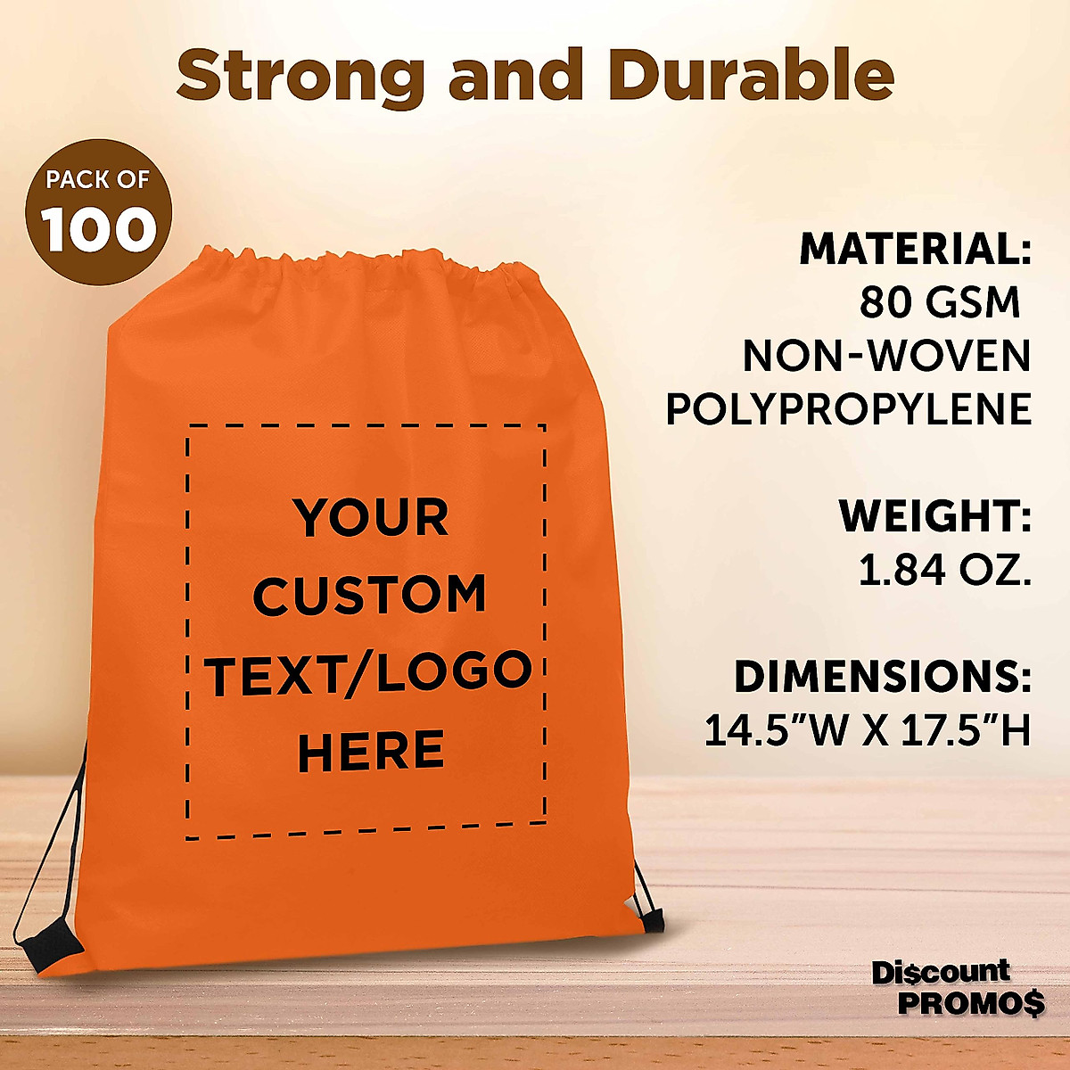 DISCOUNT PROMOS Custom Non-Woven Drawstring Backpacks Set of 100, Personalized Bulk Pack - Bring Everywhere You Go, Great for Travelling, Gym and for Everyday Use - Orange