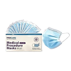 ProCure Disposable 3 Ply Face Masks, 50 Count - Individually Wrapped - Comfortable Elastic Earloops - Glass Free Filter - Latex Free - Non Woven - Filters Dust, Pollen