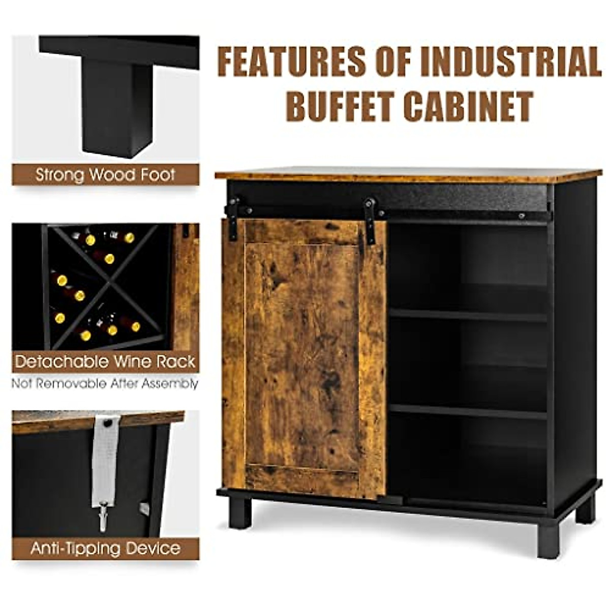 SEASD Kitchen Buffet Storage Sideboard with Sliding Barn Door Wine Rack Dining Cabinet