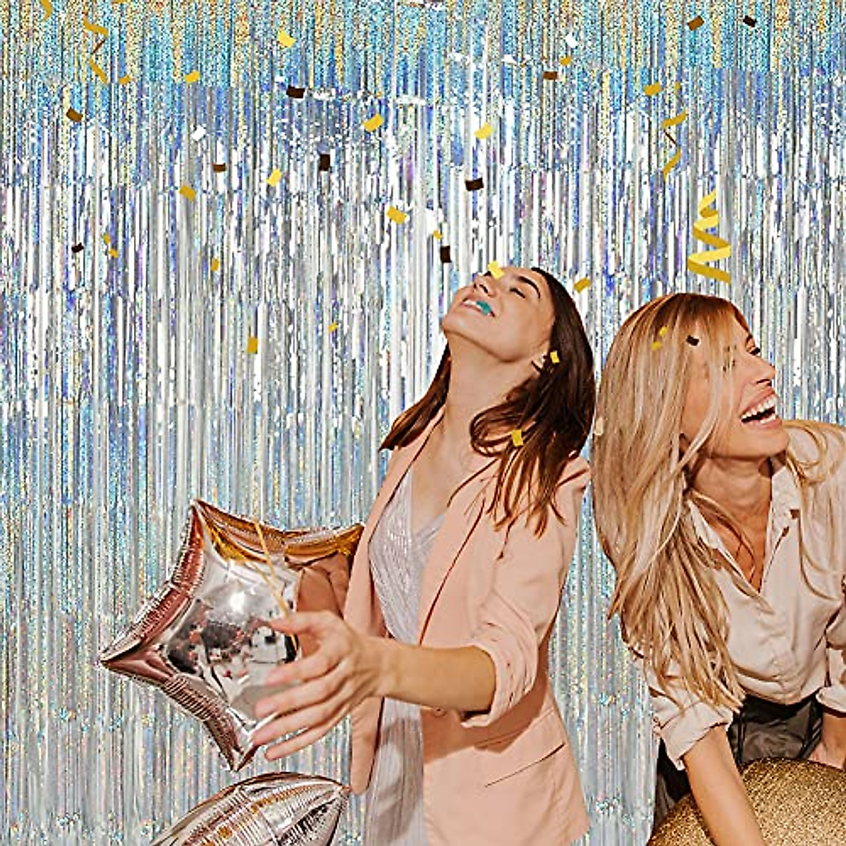 3 Pcs Sliver Metallic Foil Curtains,3.28ft x 6.56ft Laser Glitter Fringe Rain Curtain Shine Photo Booth Backdrop Tinsel Curtain Streamer for Wedding Christmas New Year Baby Shower Bachelorette Party