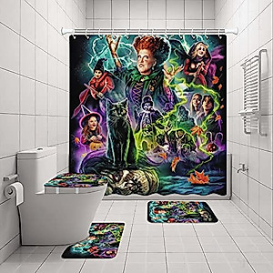 Halloween Hocus Pocus Shower Curtain Set Sanderson Sisters Bathroom Decor Waterproof Shower Curtains with Non-Slip Rugs,Toilet Lid Cover and Bath Mat