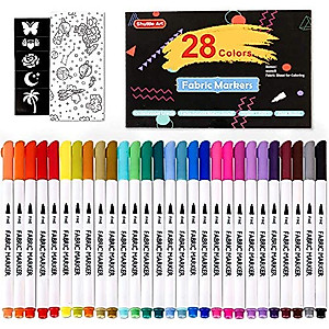 28 Colors Fabric Markers, Shuttle Art Fabric Markers Permanent Markers for T-Shirts Clothes Sneakers Jeans with 11 Stencils 1 Fabric Sheet,Permanent Fabric Pens for Kids Adult Painting Writing