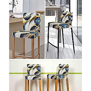 Navy Blue Gold Bar Stool Chair Covers with Backs Set of 4,Stretch Pub Counter Height Chairs Slipcovers Furniture Seat Protector for Kitchen Dining Room Cafe,Marble Modern Art Abstract Gradient Gray