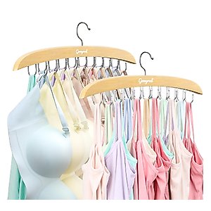 Bra Hanger for Closet, 2 Pack w/20 Hooks Tank Top Hanger Space Saving Holds 40 Bras, Premium Wooden Metals Hook Foldable Tank Top Organizer, 360°Rotating Closet Organizers and Storage for Dorm