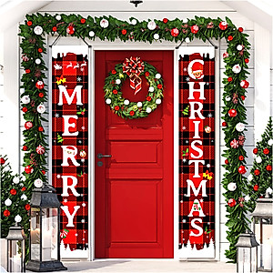 Merry Christmas Door Banner, Plaid Christmas Porch Sign, Outside Xmas Front Door Decorations Outdoor