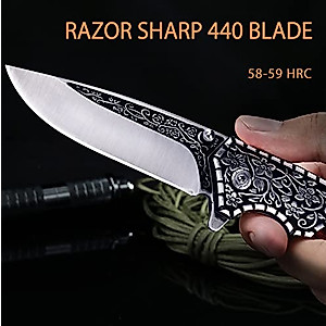 Vividstill Pocket Knife, Spring Assisted Folding Knife With 3D Retro Embossed Pattern, Great Gift EDC Knife For Men Outdoor Camping Hunting Knife