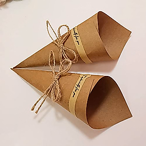 50Pcs Kraft Paper Cones Bouquet Wrapping Paper Cones Wedding Confetti Candy Gift Flower Paper Cones Holder with Hemp Ropes for DIY Wedding Table Decor Party Gift Packaging, Brown