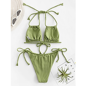 ZAFUL Ribbed Sexy Halter Bikini for Women Multi Way Bikini Sets Tie Side High Cut Two Piece Swimsuit Green M