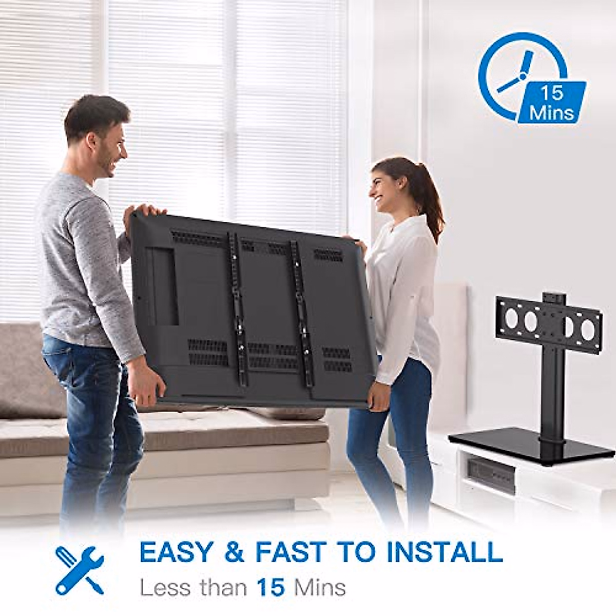 Universal TV Stand - Table Top TV Stand for 32-55 Inch LCD LED TVs - Height Adjustable TV Base Stand with Tempered Glass Base & Wire Management & Security Wire, Holds up to 88lbs, VESA 400x400mm