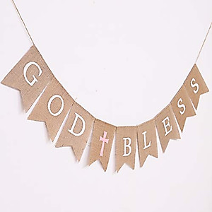 WAWOO God Bless Banner - First Communion Decoration, Baptism Decor,God Bless Decoration,Photo Props Crosses,1st Communion Party (Pink GOD Bless)