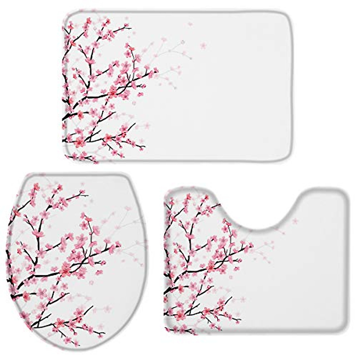 Fancyine 3 Pieces Bath Rugs Sets Spring Blooming Cherry Blossoms Soft Non-Slip Absorbent Toilet Seat Cover U-Shaped Toilet Mat for Bathroom Decor Japanese Flowers