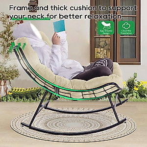 PORWEY Patio Rocking Papasan Chair, Outdoor & Indoor Egg Reading Chair, Oversized Royal Comfy Cozy Lounge Rocker Recliner with Large Cushion, Steel Frame and Ottoman for Bedroom, Living Room,Beige
