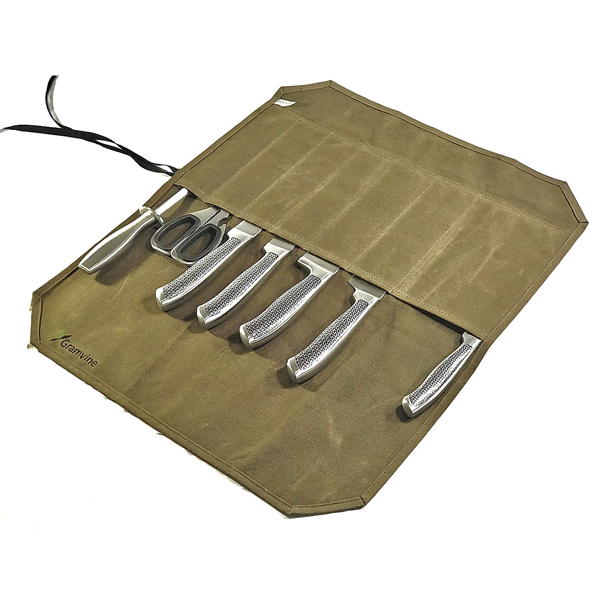 GramVine Professional Chef’s Knife Roll, Waxed Canvas Roll Foldable Knife Culinary Bag Wrap, Kitchen Knives Holder Organiser, Utensils Wrap Bag, Travel Tool Roll Pouch Storage