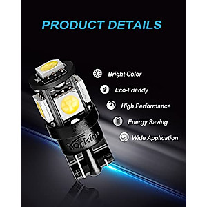 Yorkim 194 LED Bulbs White 6000k Super Bright 5th Generation, T10, 168 LED Bulb for Car Interior Dome Map Door Courtesy License Plate Lights W5W 2825, Pack of 10