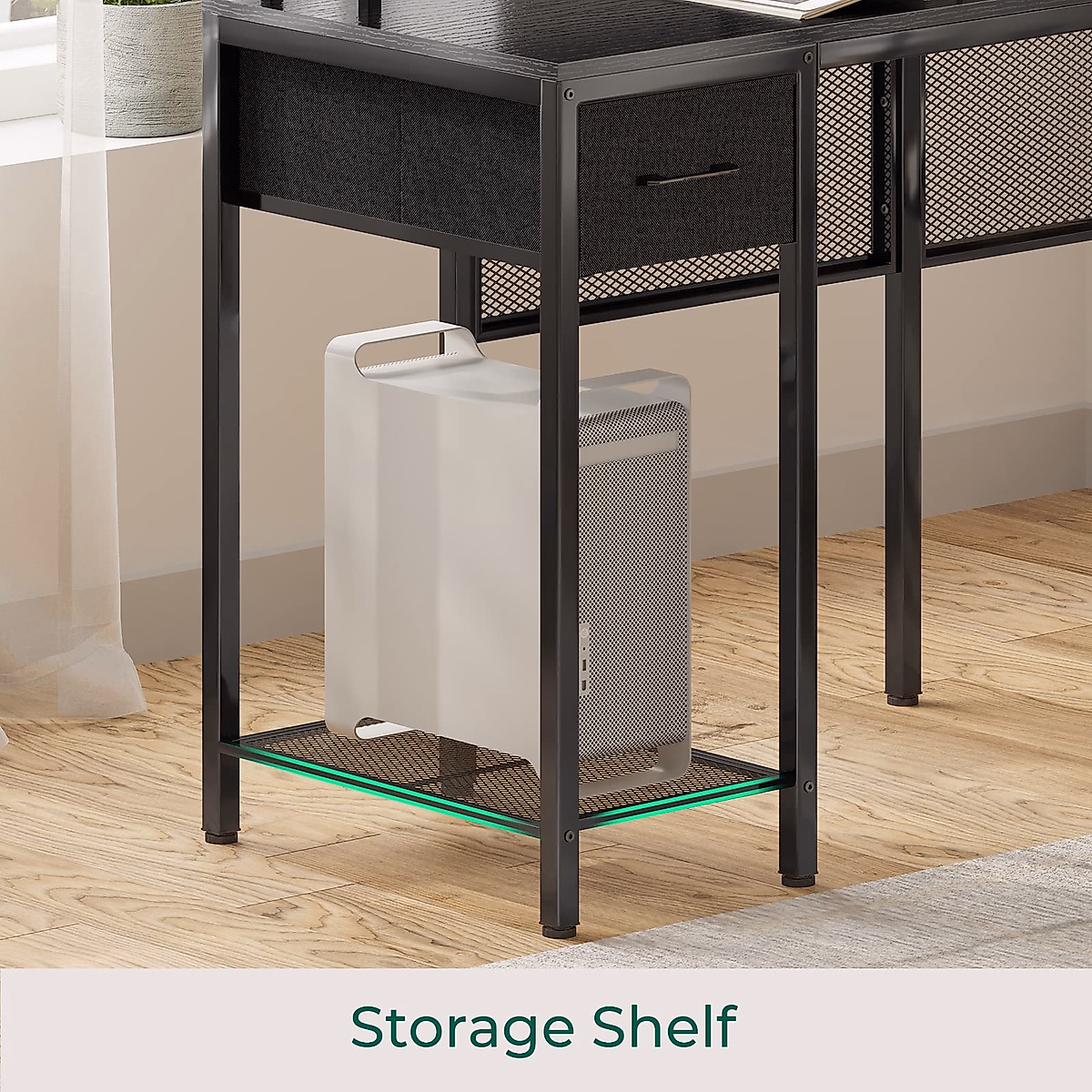 Huuger L Shaped Desk Gaming Desk with LED Lights & Power Outlets, Computer Desk with Storage Shelves, Corner Desk Home Office Desk, Black