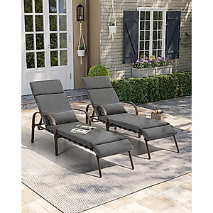 Pellebant Patio Chaise Lounge Chair with Cushion, Adjustable Lounge Chair with 5 Positions, Outdoor Recliners All Weather for Pool, Beach and Yard, 2 Pcs,Dark Grey