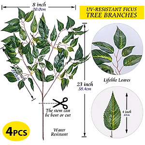 Grand Verde Ficus Tree Branches Artificial Greenery Bulk Faux Plants Green Silk Leaves 23” Long Stems DIY Home Decor Indoor Outdoor, 4pcs