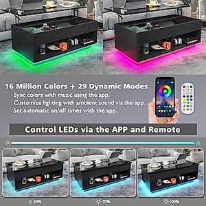 HOMMPA Lift Top Coffee Table with Hidden Storage LED Coffee Table Morden High Gloss Black Living Room 3 Tiers Modern Tea Table with Storage Center Tables Hidden Compartment & 2 Open Shelves