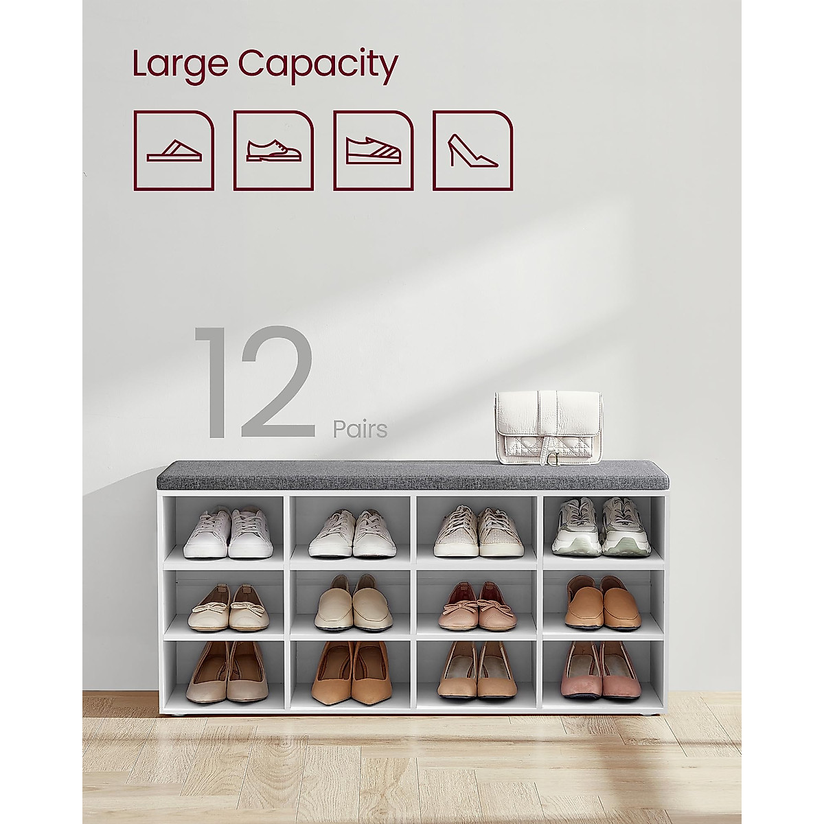 VASAGLE Shoe Bench with Cushion, Storage Bench with Padded Seat, Entryway Bench with 12 Compartments, for Bedroom, 11.9 x 40.9 x 18.9 Inches, Cloud White and Dove Gray ULHS012W14
