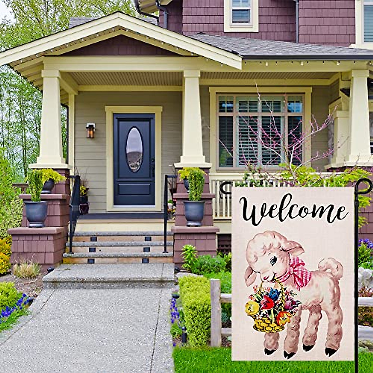 Ogiselestyle Welcome Lamb Garden Flag Vertical Double Sided, Spring Lamb Floral Yard Outdoor Decoration 12.5 x 18 Inch