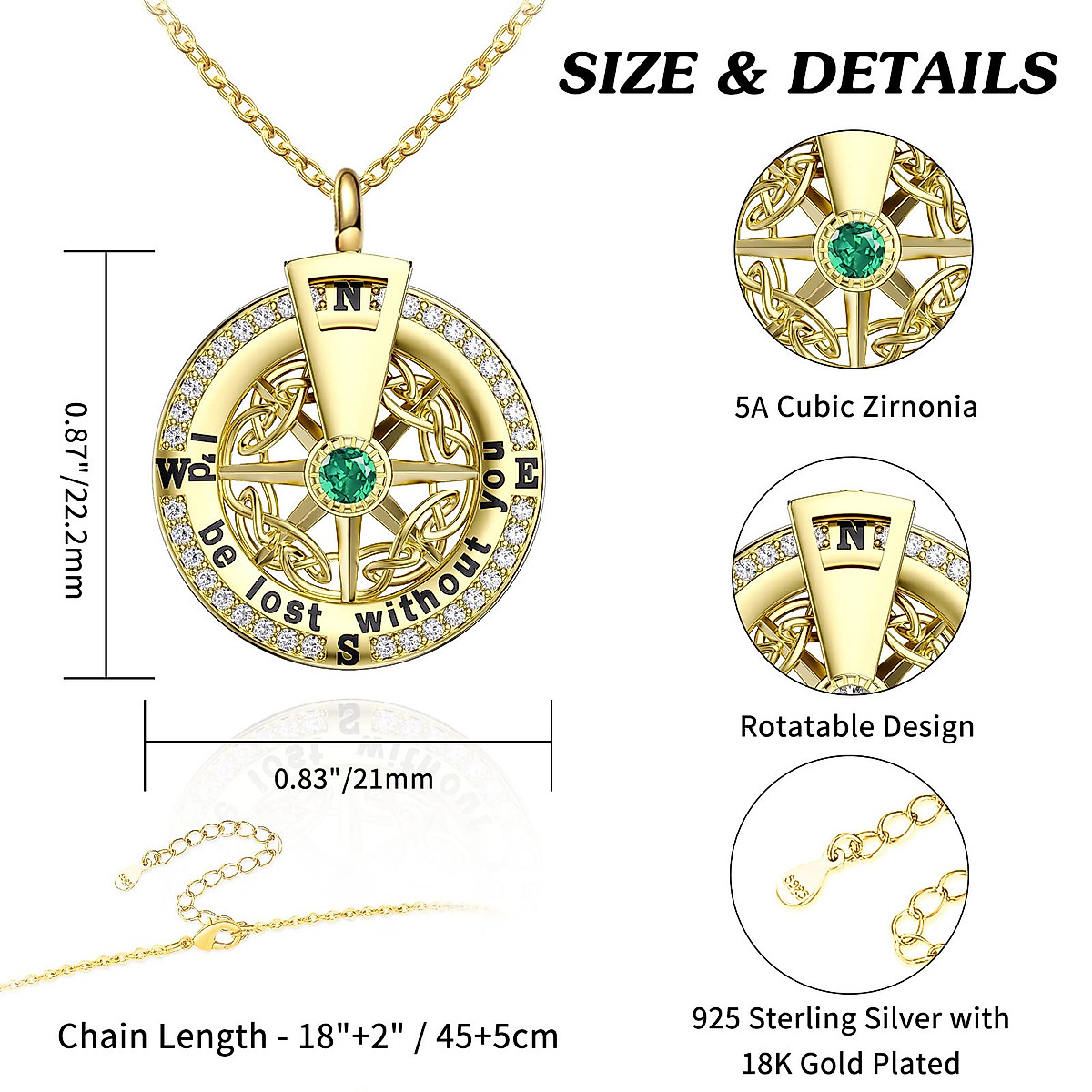 Compass Necklace 925 Sterling Silver Birthstone Compass Necklace for Women -I'd be Lost Without You Pendant Compass Jewelry Gifts for Birthday Anniversary for Her