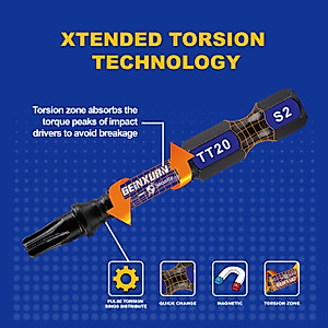 Geinxurn 5 Pieces T20 Hollow 2 In. Impact Tough Magnetic Insert Bit Set, #20 Security Torx Head Power Bits, S2 Alloy Steel Star T20 Screwdriver Bits Set
