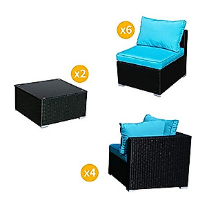 Klismos Outdoor Patio Furniture Set Rattan Wicker Sectional Sofa Conversation Set with Coffee Table and Pillows(Blue 12PCS)