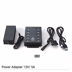 BrovSS: 10 Ports USB 2.0 Powered Hub - USB Extension Splitter with 12V 5A 60W Power Adapter. Connect up to 10 Electronics and USB peripherals. (Black)