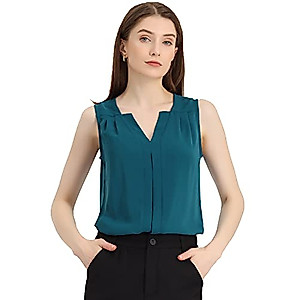 Allegra K Sleeveless Work Top for Women's Elegant Pleated Chiffon V Neck Blouse Shirt Large Peacock Blue