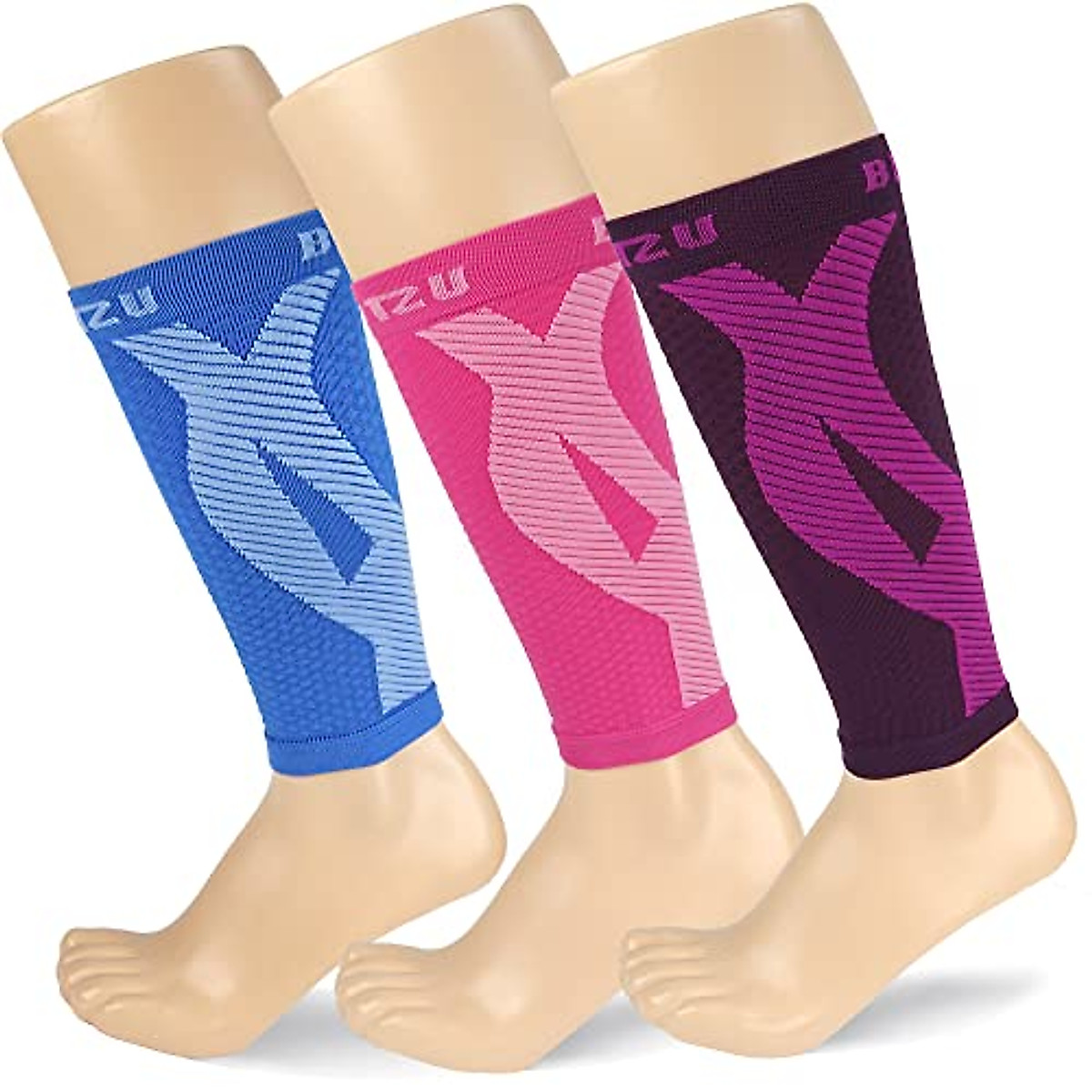 BLITZU 3 Pairs Calf Compression Sleeves for Women and Men Size L-XL, One Blue, One Pink, One Purple Calf Sleeve, Leg Compression Sleeve for Calf Pain and Shin Splints. Footless Compression Socks.
