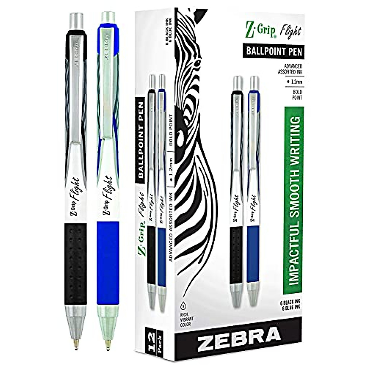 Zebra Pen Z-Grip Flight, Large Bulk Combo Pack of 6 BLACK INK & 6 BLUE INK Retractable Ballpoint Pen (Total of 12 Pens), Bold Point 1.2mm, ink pens