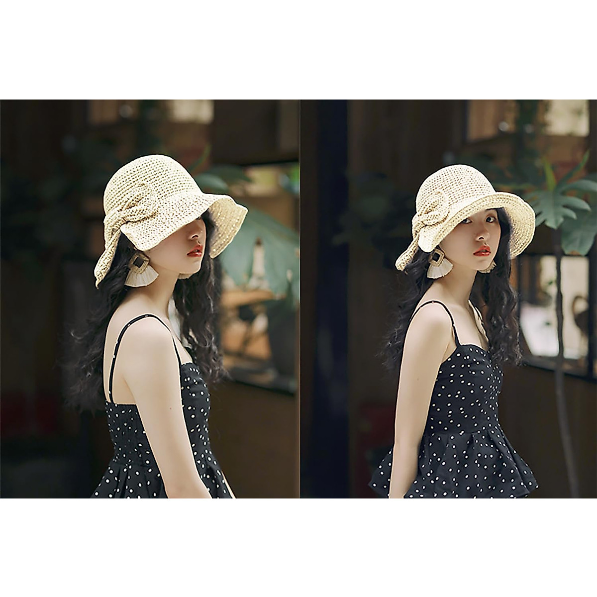 Foldable Wide Brim Floppy Straw Beach Sun Hat,Summer Cap with Bowknot for Women Girls,Strap Adjustable (1 Pack Beige)