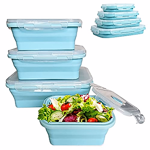Collapsible Food Storage Containers with Lids - Silicone Container - Adjustable Food Storage Container - Bento Collapsable Lunch Box - Collapsible Camping Set - Collapsible Bowls with Lids - Meal Prep Containers Reusable - Travel Food Containers Set of 4