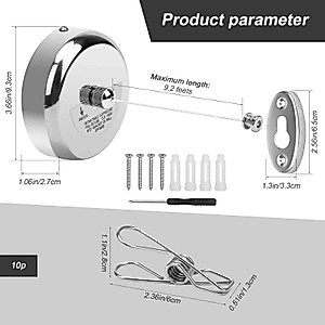 Catcan Retractable Clothesline, Stainless Steel Round Clothes Line Retracting Indoor for Hotel, Bathroom, Laundry with 10 PCS Metal Clothespins Adjustable Rope Shower Clothing Line(9.2FT Nylon String)