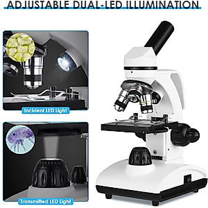 40X-1000X Microscopes for Students Kids Adults, Cordless Biological Compound Monocular Microscopes with Microscope Slides Set, Phone Adapter, Dual LED Illumination Power Optical Glass Lenses