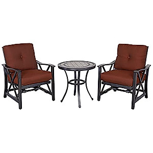 3 Piece Patio Furniture Set Outdoor Conversation Bistro Set with Handmade Contemporary Round Table and 2 Rocking Chairs with Thick Seat Cushions for Porch Garden Balcony Backyard