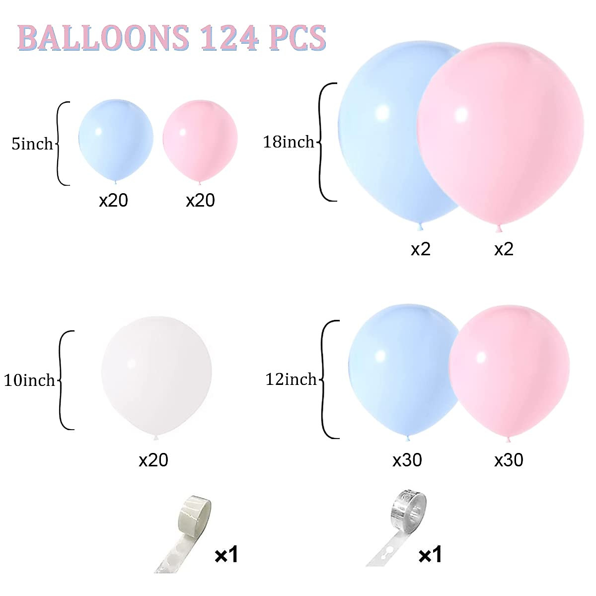 Gender Reveal Balloon Arch Kit 124 Pcs Pink and Blue and White Balloons Garland Kit for Boys Girls Gender Reveal Decorations Wedding Baby Shower Birthday Party Decorations, 5+10+12+18 inch
