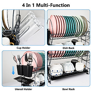 Housen Solutions Dish Drying Rack, 2 Tier Rust-Resistant Dish Rack with Drainboard, Dish Racks for Kitchen Counter with Glass and Utensil Holder