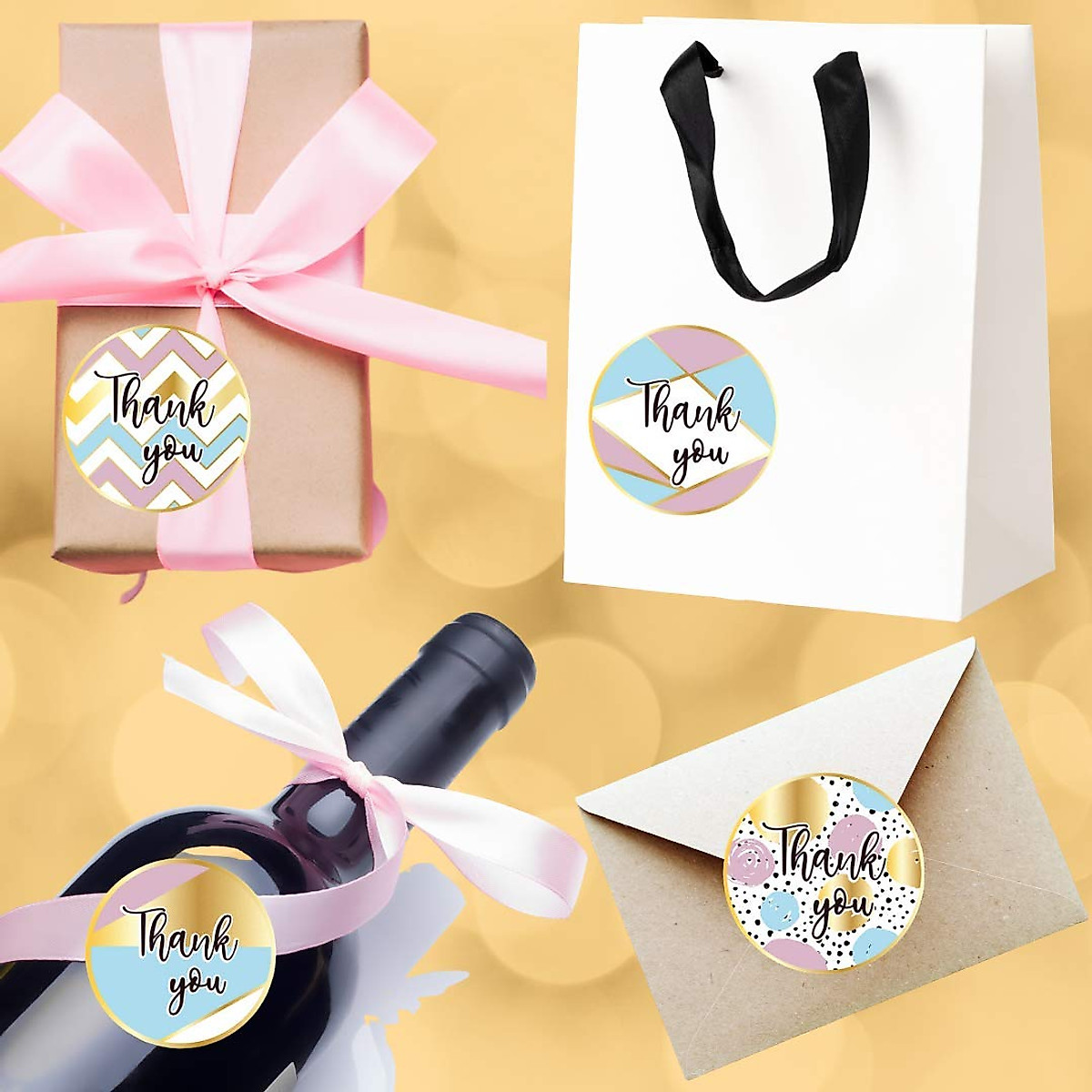 EL Nido 600pcs 1.5" Thank You Stickers / 8 Different Designs with Gold Foil / 600 Thank You Stickers Per Roll/Roll Sticker Supplies for Business Packaging (8 Design Roll Stickers, 600pcs)