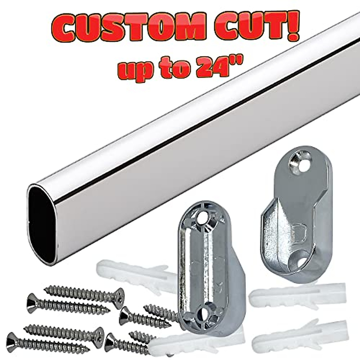 CUSTOM CUT | Oval Closet Rod | Up to 24" | Screw-on Wall Brackets | Polished Chrome