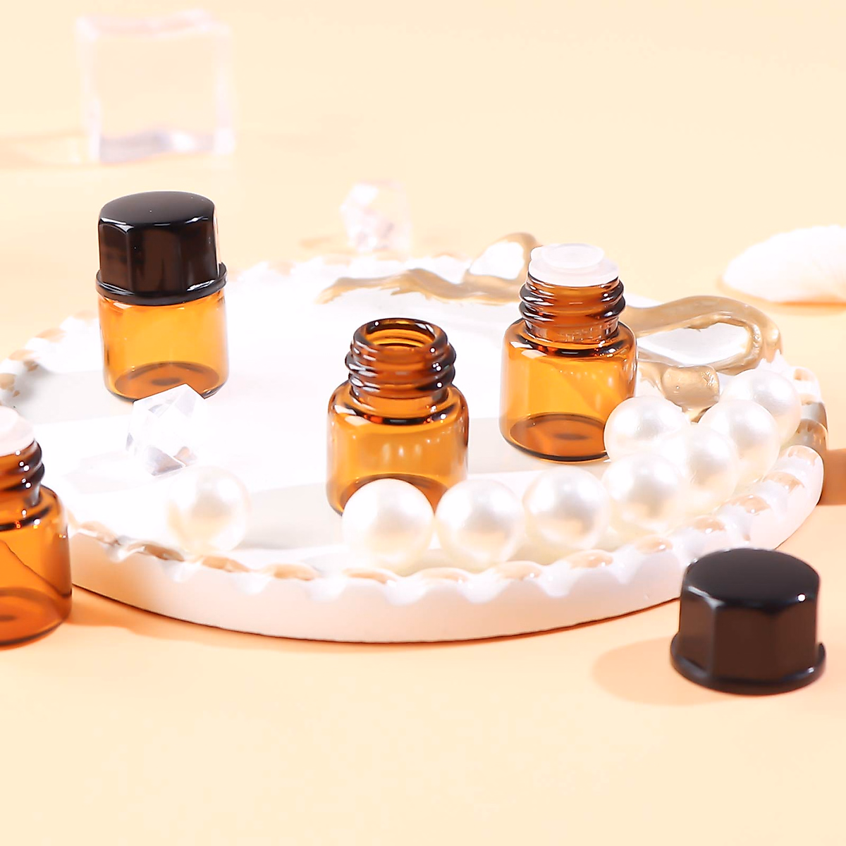 HWASHIN 50 Pack 1ml (1/4 Dram) Amber Mini Glass Essential Oils Sample Bottles with Black Caps for Essential Oils, Perfumes & Lab Chemicals (30ml Measuring Cup and 3 Droppers Included)