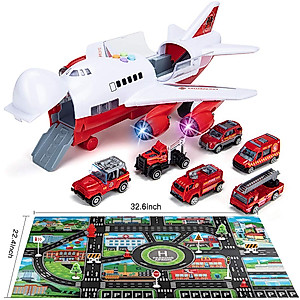 Car Toys Set with Transport Cargo Airplane, Educational Vehicles Fire Fighting Car Set for Kids Toddlers Child Gift for 3 4 5 6 Years Old, Large Play Mat, 6 Trucks Large Plane 11 Road Signs