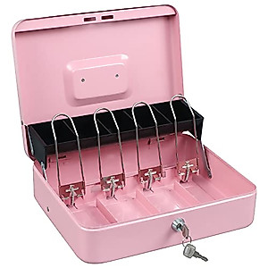 xydled Cash Box with Money Tray and Key Lock,Tiered, Cantilever Design,4 Bill / 5 Coin Slots,11.8" x 9.5" x 3.5",Pink