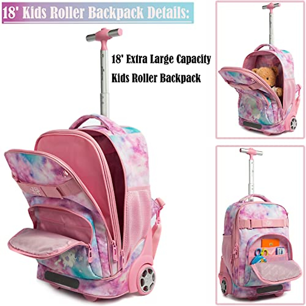 Egchescebo Kids Rolling Unicorn School Backpack for Girls Luggage Suitcase With Wheels Trolley Wheeled Backpacks for Travel Bags 18' 3PCS Girls Unicorn Backpack With Lunch Box Pink