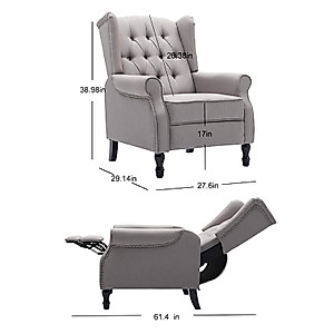 Artechworks Tufted Fabric Push Back Arm Chair Recliner Single Reclining Fabric for Adjustable Club Chair Home Theater Padded Seating Living Room Lounge Modern Sofa Grey