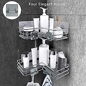 Nieifi Adhesive Corner Shower Caddy Shelf Basket Rack with Hooks, Rust Proof Stainless Steel Bathroom Shelf Shampoo Holder No Drilling 2 Pack