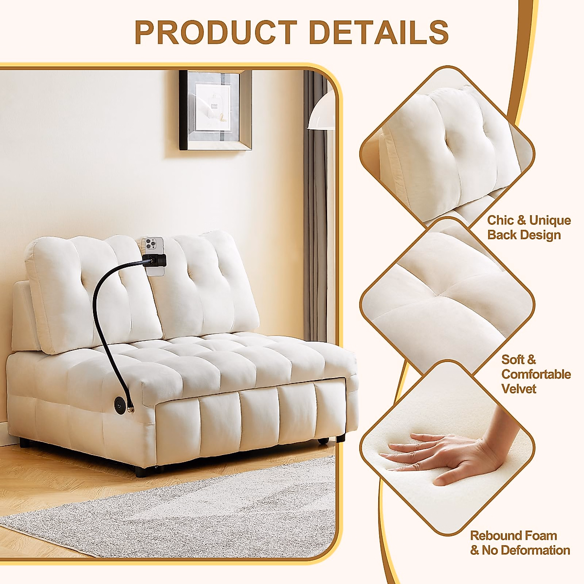 48" Pull Out Sofa Bed, Modern Convertible Sofa Bed Couch with Removale Back, Velvet Cloud Sofa with USB Port and Swivel Phone Stand, Suitable for Living Room, Apartment, Small Place - Beige
