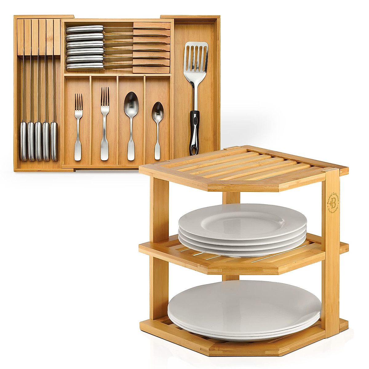 Bamboo Corner Kitchen Shelf and Utensil Organizer for Kitchen Drawers