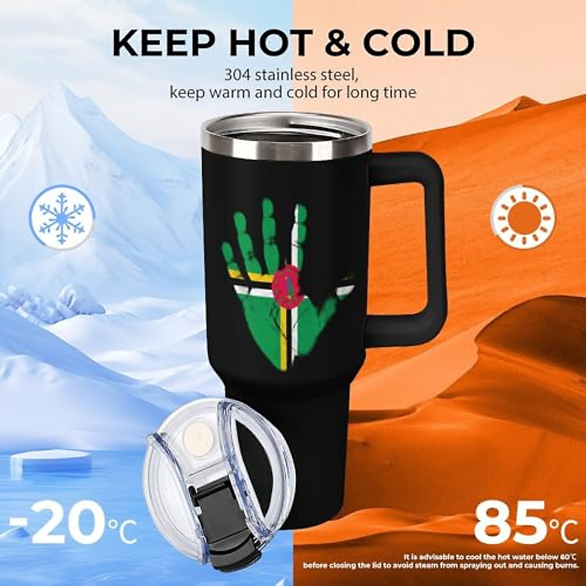 Dominica Flag Palm Print 40oz Water Bottle Double Wall Insulated Tumbler with Handle Leakproof Travel Mug Black-style