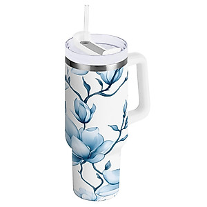 xigua 40 oz Blue Magnolia Flowers Tumbler with Handle and Straw Lid, Stainless Steel Vacuum Insulated Sports Water Bottle, Keeps Cold or Hot Coffee Cup Travel Mug